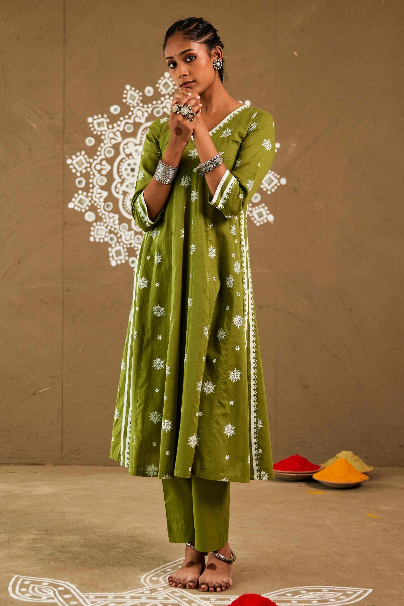 Tulsi Green Mul Cotton Side Slit Anarkali Only
